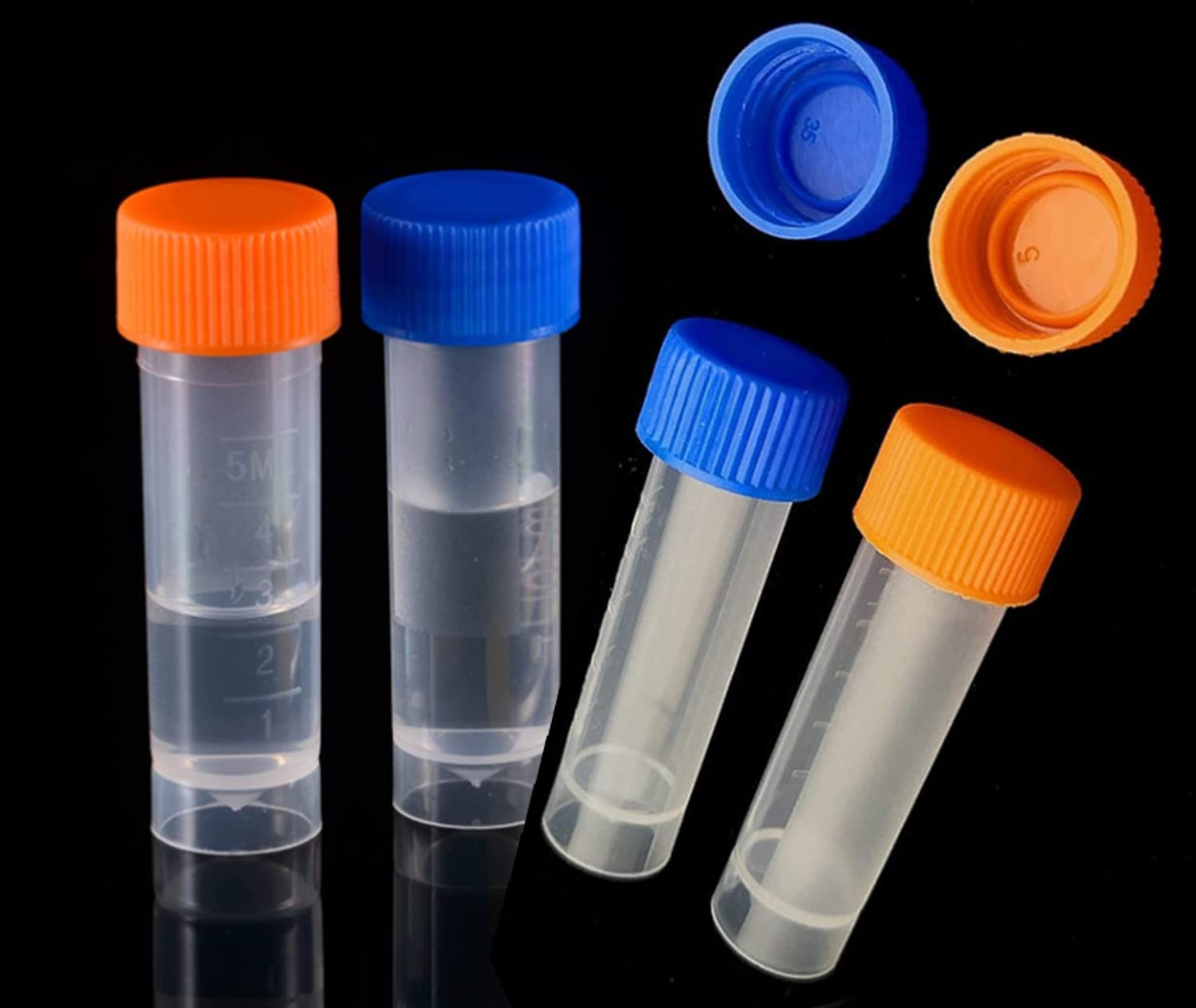 50 Pack 5ml Cryo Tubes,Plastic Graduated Vial Tube with Screw Caps,Small Test Sample Bottles Tubes Container with Lid,PP Material ,with Silica Gel Gasket (50) Bagged Blue and Orange