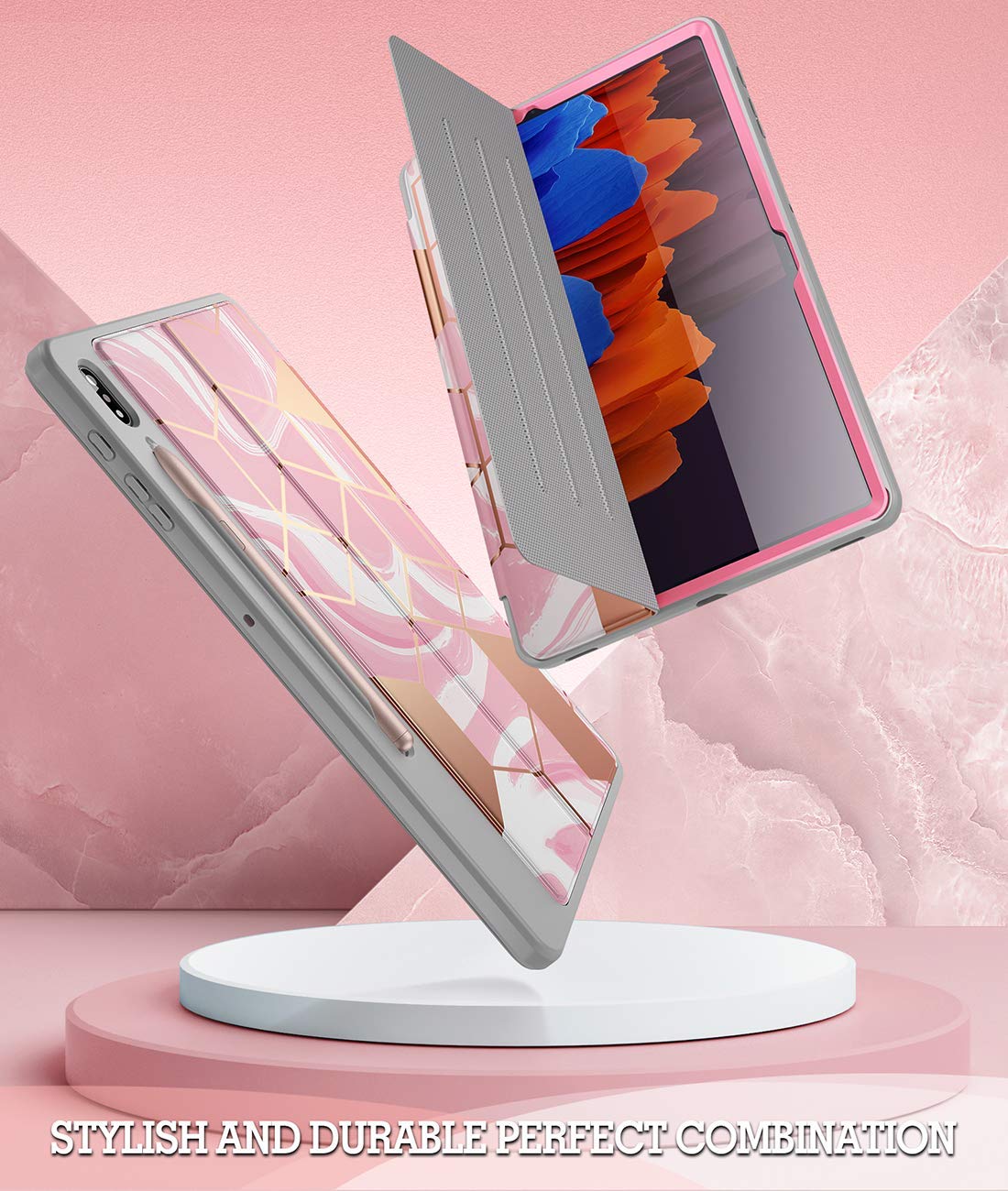 Popshine Marble Case Designed for Galaxy Tab S7 Plus / S8 Plus 12.4 Inch Tablet, Full Body Premium Protective Folio Cover with S Pen Holder, Liquid Marble Pink