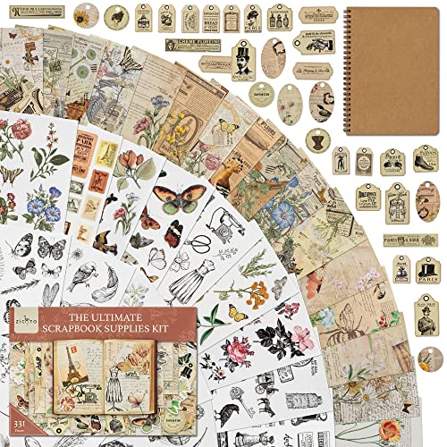 All in One Scrapbooking Supplies Kit - 331 Vintage Pieces incl. Junk Journal - Journaling Set Incl. Stickers, Tags, Scrapbook Paper - The Perfect Bundle for Your Amazing Craft Projects