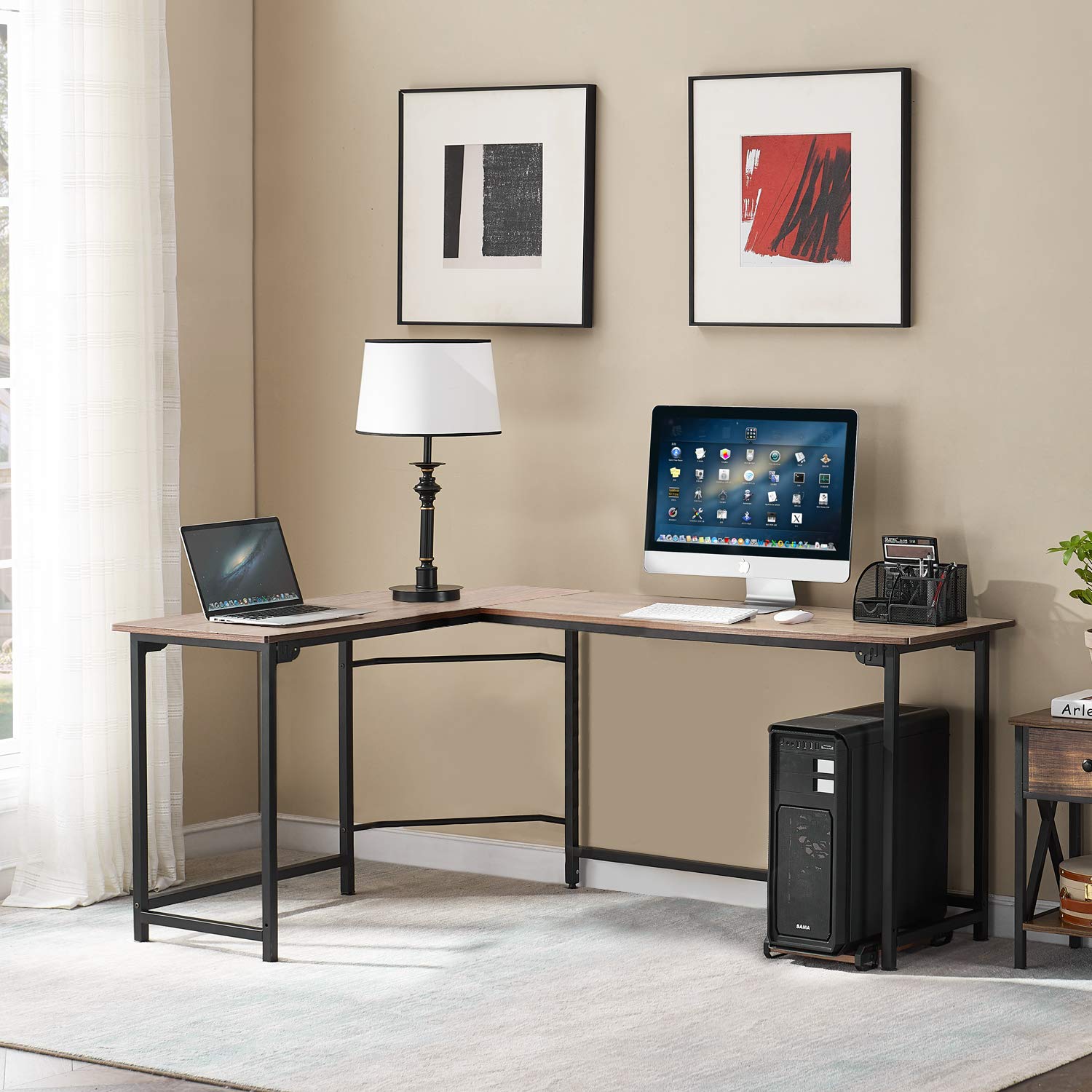 VECELO L-Shaped Corner Computer Desks with CPU Stand Study Writing Table Workstation Gaming Computer Desk for Home Office,Oak