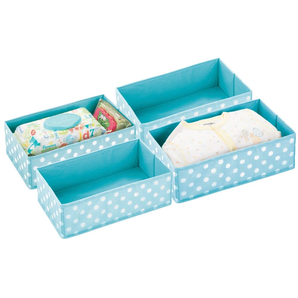 mDesign Fabric Drawer Organizer Bins, Kids/Baby Nursery Dresser, Closet, Shelf, Playroom Organization, Hold Clothes, Toys, Diapers, Bibs, Blankets, 4 Pack - Turquoise Blue/White Polka Dot
