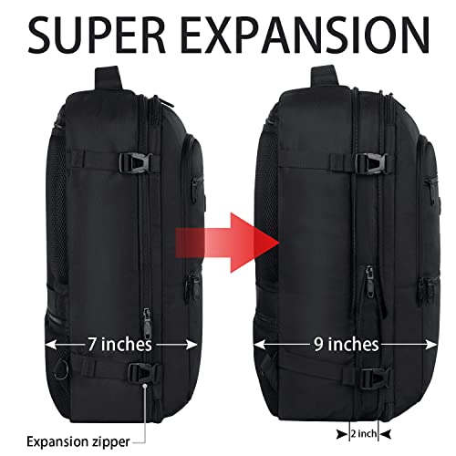 50L Travel Backpack, Large Carry on Backpack Expandable Flight Approved Water Resistant Luggage Suitcase Weekender Business Daypack Overnight Duffle Bag for Men travel,World Traveler Gift, Black