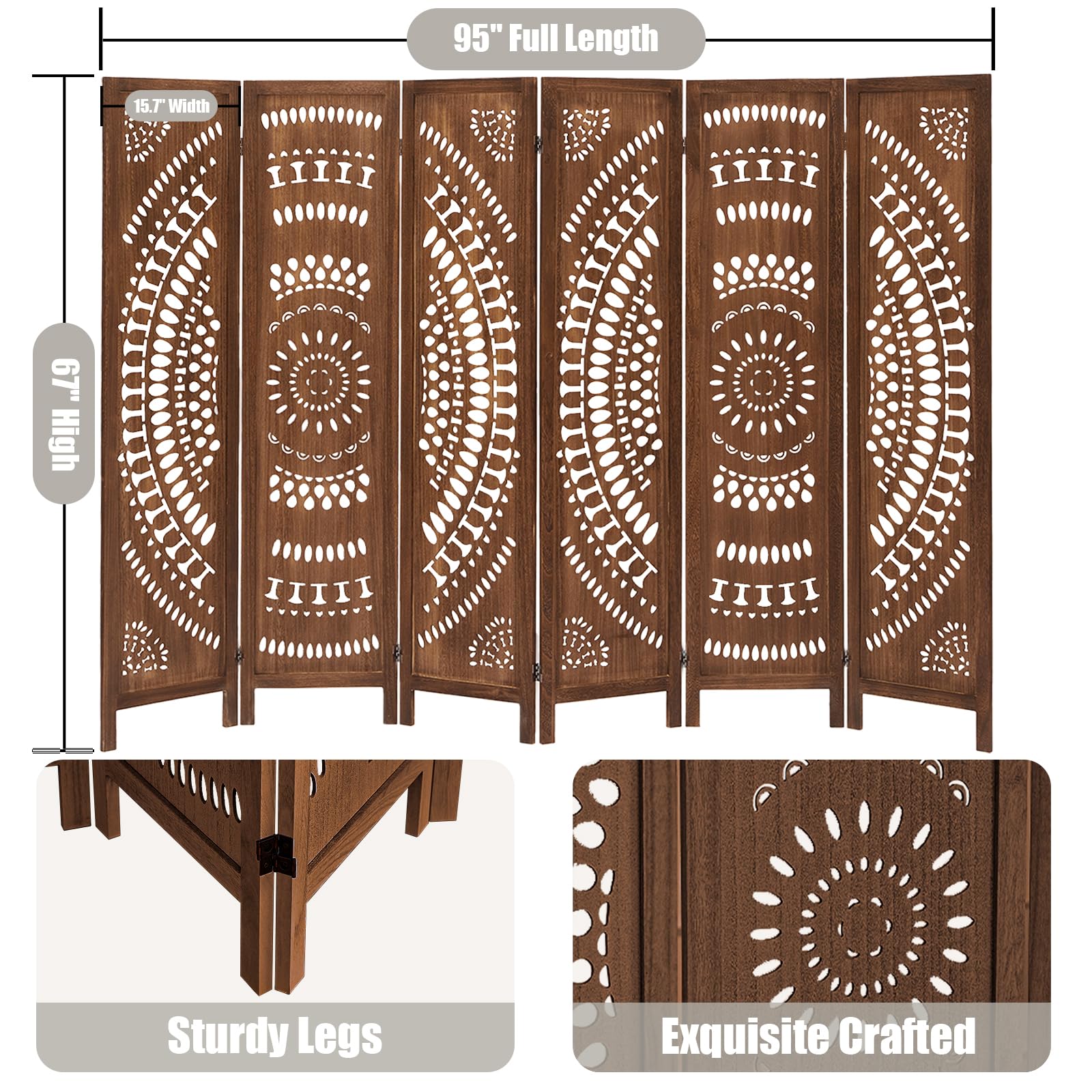 BMWEI Wooden Room Divider Wall, 5.6 FT Wall Divider Room, 6 Panel Room Divider Screen, Portable Room Divider, Carved Room Divider Panel, Folding Room Divider, for Home Bedroom Office (Natural)