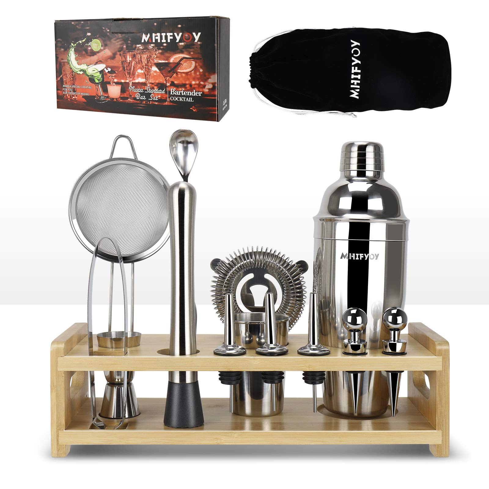 24-Piece Cocktail Shaker Set - MHIFYOY Bartender Kit - Stainless Steel Martini Mixer Bar Tools with Bamboo Stand, Ideal Gift Pack & Fine Mesh Strainer(Silver)