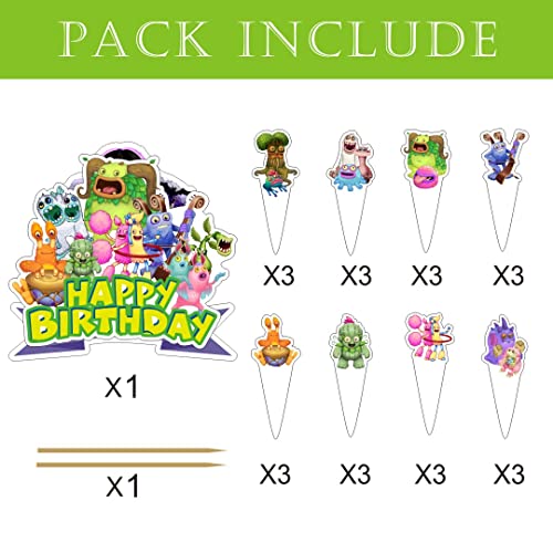 25pcs Singing Monsters Cake Decorations with 24pcs Cupcake Toppers, 1pcs Cake Topper for Singing Monsters Birthday Party Supplies