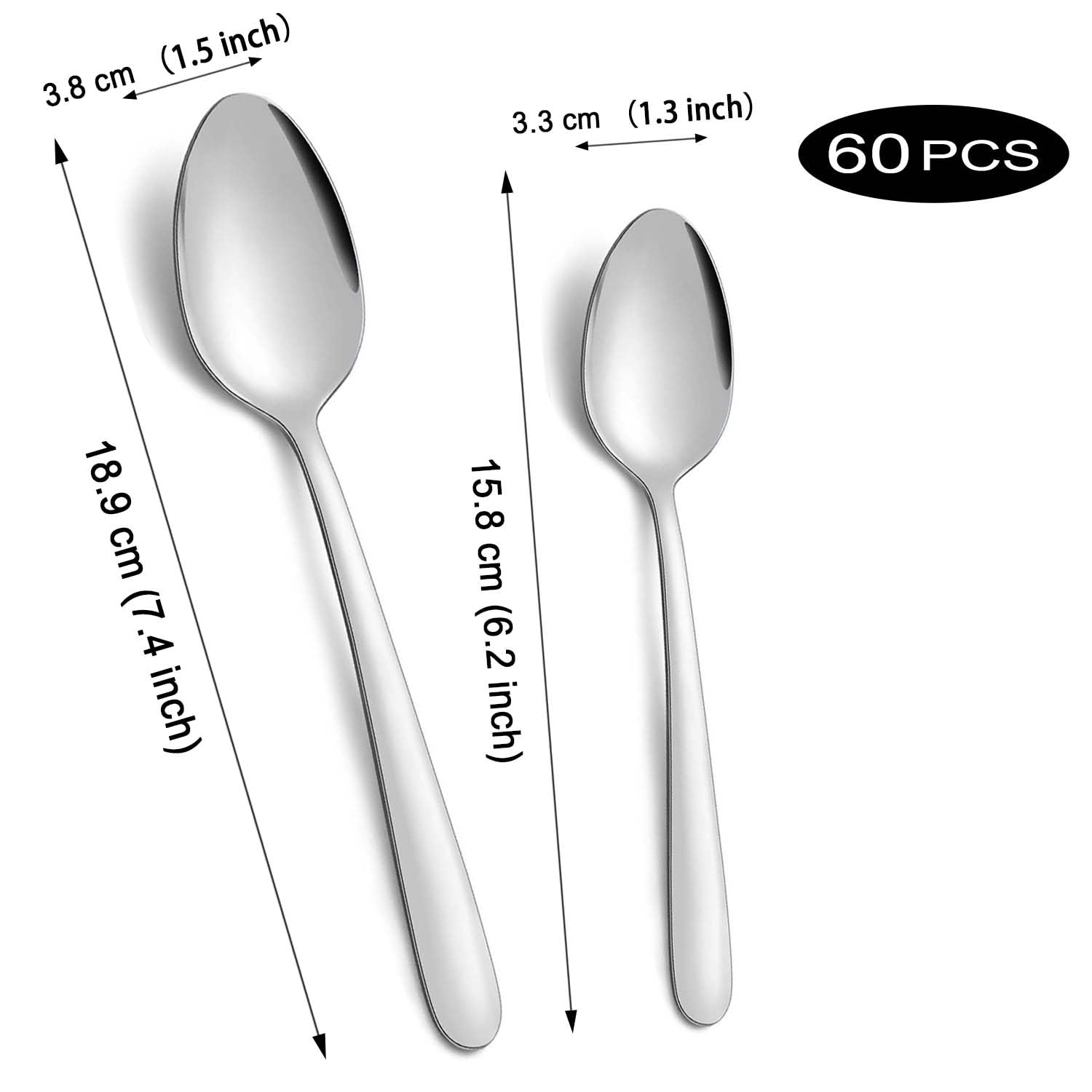 60 Pieces Dinner Spoons (7.4 inches) and Teaspoons (6.2 inches), Pleafind Spoons Silverware and Teaspoons, Contains 24 Pieces Spoons and 36 Pieces Teaspoons, Use for Home, Kitchen, Restaurant