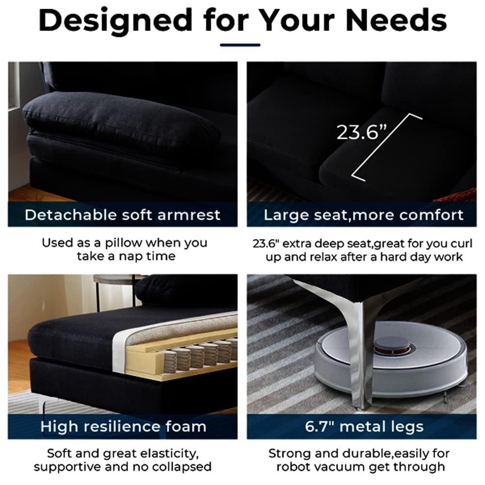 Reversible Sectional Sofa L-Shaped Deep Seated 4-Seater Modern Linen Sofa Couch with Chaise Lounge Iron Feet Indoor Modular Sofa for Living Room (Black)