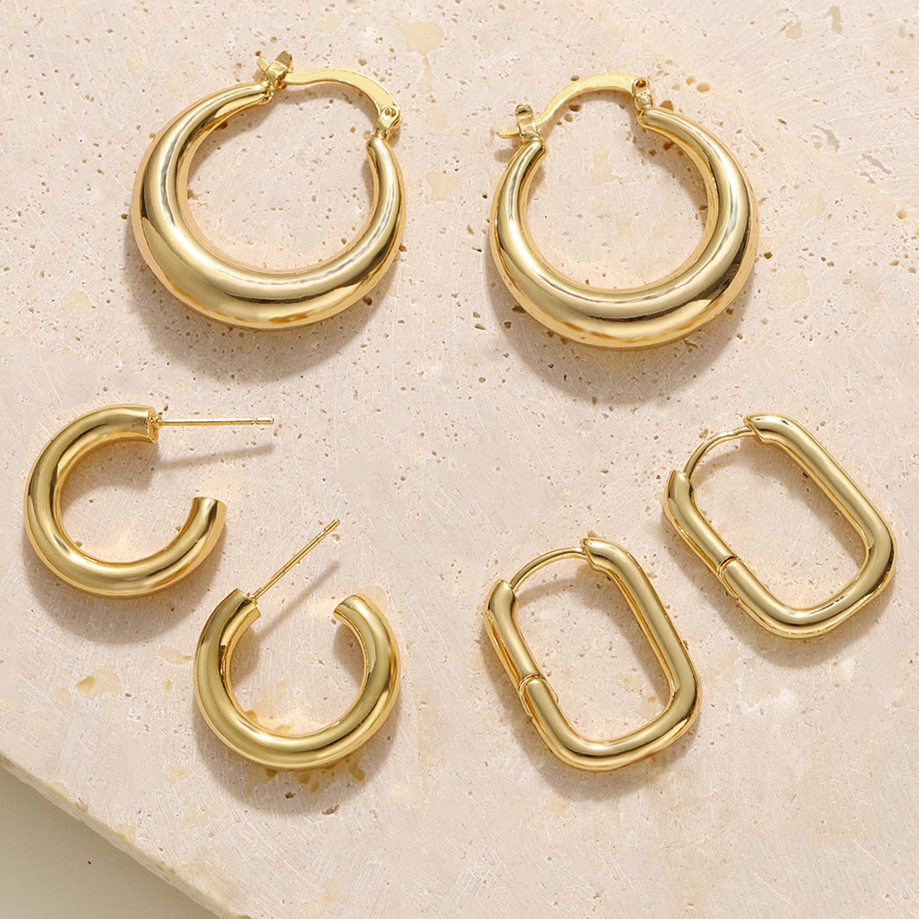 3 Pairs Gold Square Hoop Earrings for Women, 14K Real Gold Plated Lightweight Rectangular Earrings for Gifts (Square)