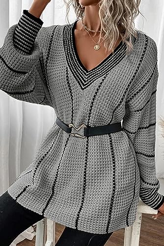 AlvaQ Women Sweaters Winter Fall Fashion Color Block Striped Sweaters Casual Long Sleeve V Neck Pullover Knit Jumper Tops Gray Medium