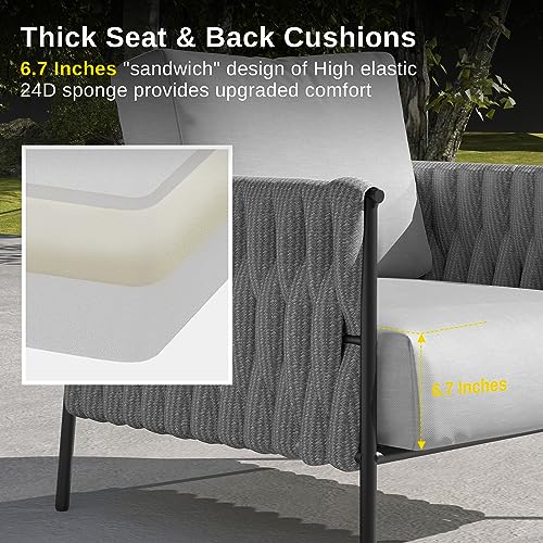 EAST OAK Life Chatter 3-Piece Patio Bistro Set, 2 Armchairs with Thick Cushion & Coffee Table,Deep Seating Patio Furniture for Garden Porch Balcony, Earth Black & Misty Grey