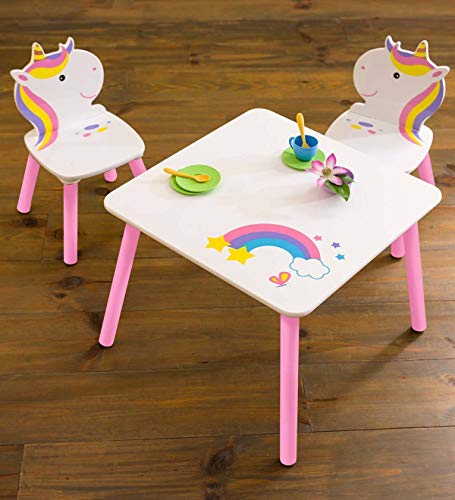 Hearthsong Rainbow Unicorn Table and Chairs Playroom Furniture Set, 2⅓' sq. Table, 11” sq. x 10½”H Chair, 45 lbs. per Chair