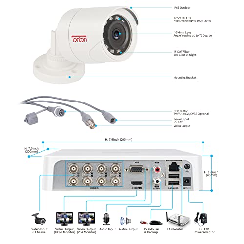 Tonton 5MP Lite 10 Channel Security Camera System,10CH H.265+ Hybrid DVR with 2TB HDD and 8PCS 2.0MP Weatherproof CCTV Bullet Cameras,Easy Remote Viewing,Motion Detection