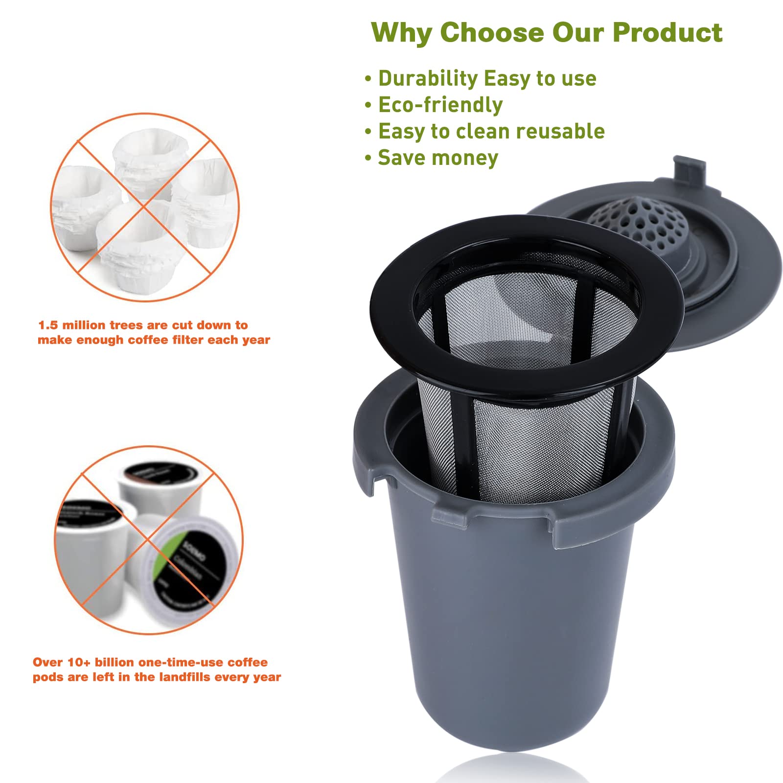 2PCS Reusable Coffee Filter Cups, Compatible with SS-RFC Single Serve Brewer Coffe maker, Gray Home Barista Filter Cup, BPA-Free Refillable Cup Coffee Filter