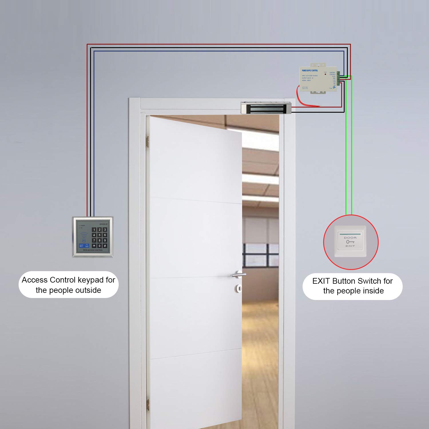 IMAGE Proximity RFID Card Access Control System Kit with 180kg 350LB Electric Magnetic lock 110-240V AC to 12v DC 3A 36w Power Supply Proximity Door Entry Keypad 10 Key Fobs EXIT Button