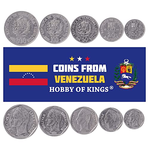 5 Coins from Venezuela | Venezuelan Coin Set Collection 10 20 50 100 500 BolĂvares | Circulated 1998 | Horse | Simon BolĂvar