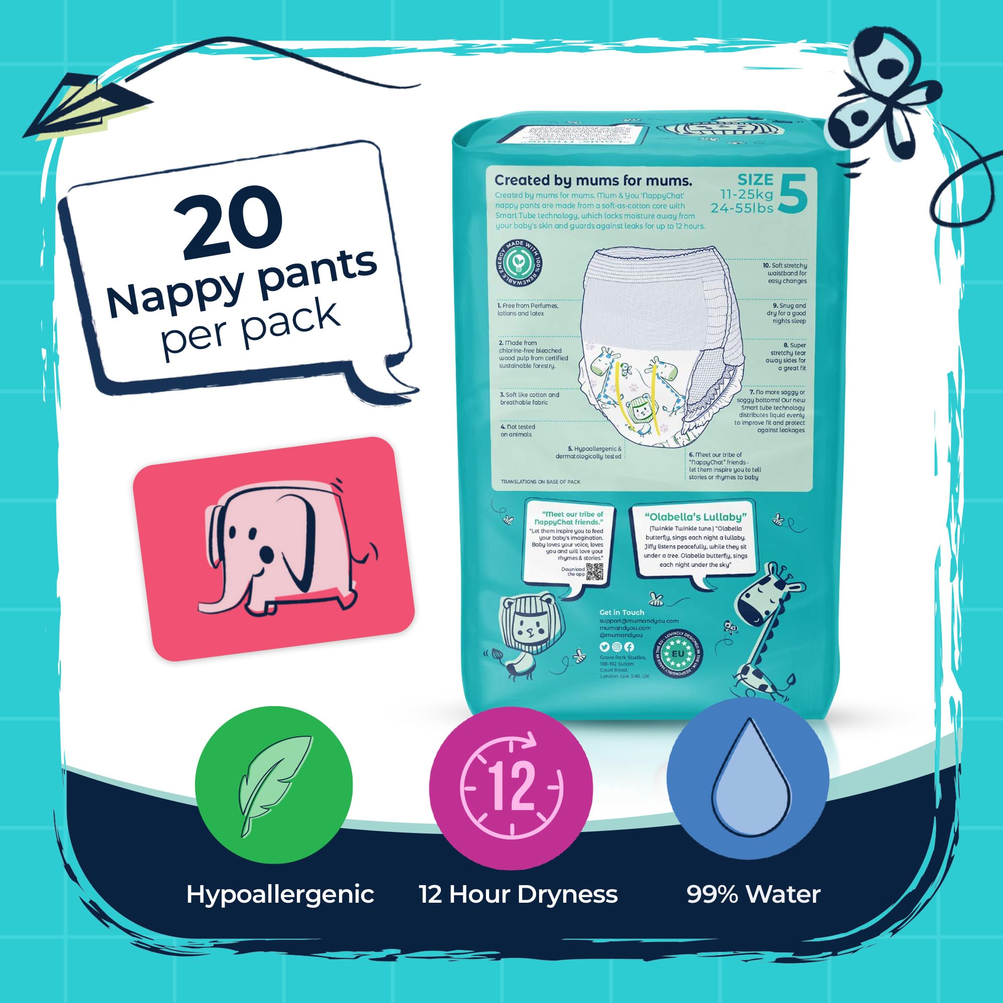 Mum & You Nappychat Premium Performance Eco Diaper Pants, Size 5 (20 diapers) Smart Tube Technology Leak Protection. 100% Recyclable. Hypoallergenic, Dermatologically-Tested. No Lotion, Perfume or Dye