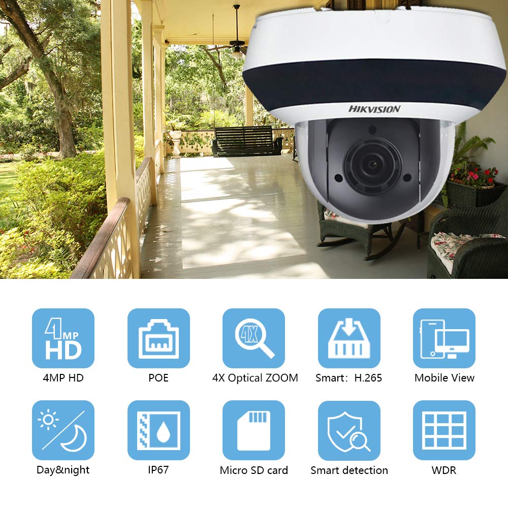 Hikvision 4MP POE Mini PTZ IP Camera DS-2DE2A404IW-DE3,Pan/Tilt/2.8mm~12mm 4X Optical Zoom,Smart IR Night Vision,Audio/Alram Interface, H.265+, Upgrade Version for DS-2DE3304W-DE