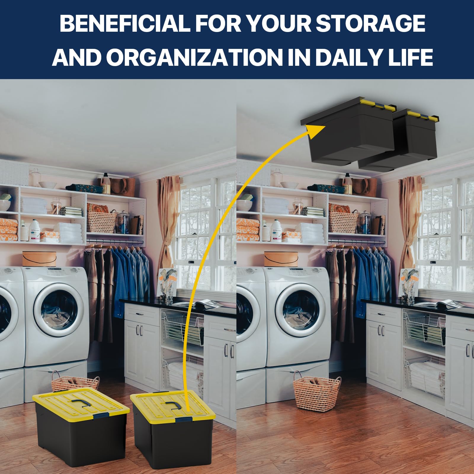 4 Bins Overhead Garage Storage Racks for Utility Bins,Heavy Duty Garage Ceiling Storage Racks,Storage Bin Ceiling Rack System,Tote Storage Rails,Storage Bin Ceiling Rack System,Great Space Saver