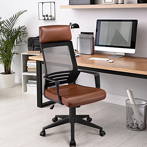 Yaheetech Executive Office Chair, Ergonomic High Back Leather/Mesh Desk Chair with Headrest and Lumbar Support, Swivel Chairs on Wheels/Castors for Home Office, Brown