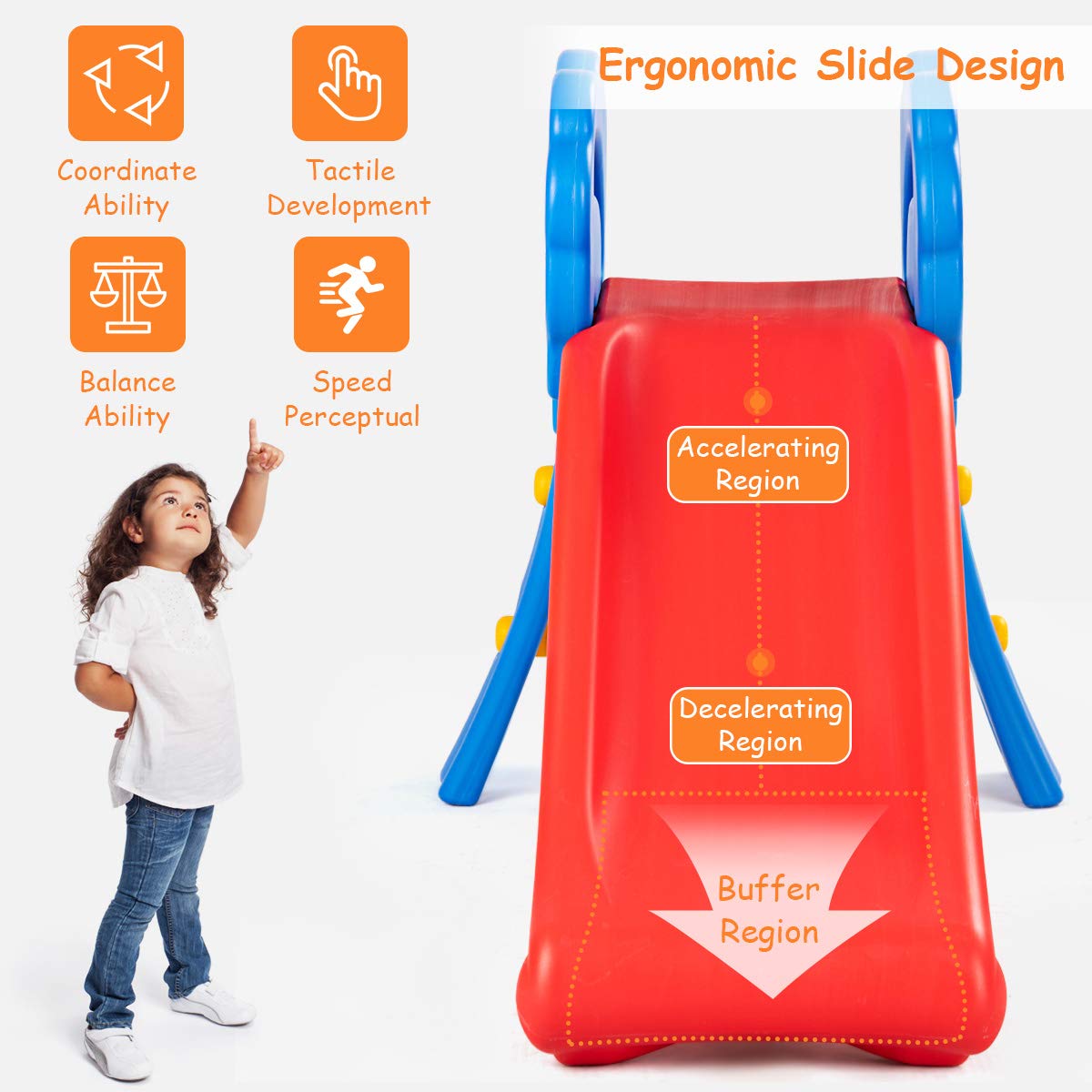BABY JOY Folding Slide, Indoor First Slide Plastic Play Slide Climber for Kids (Floral Rail)