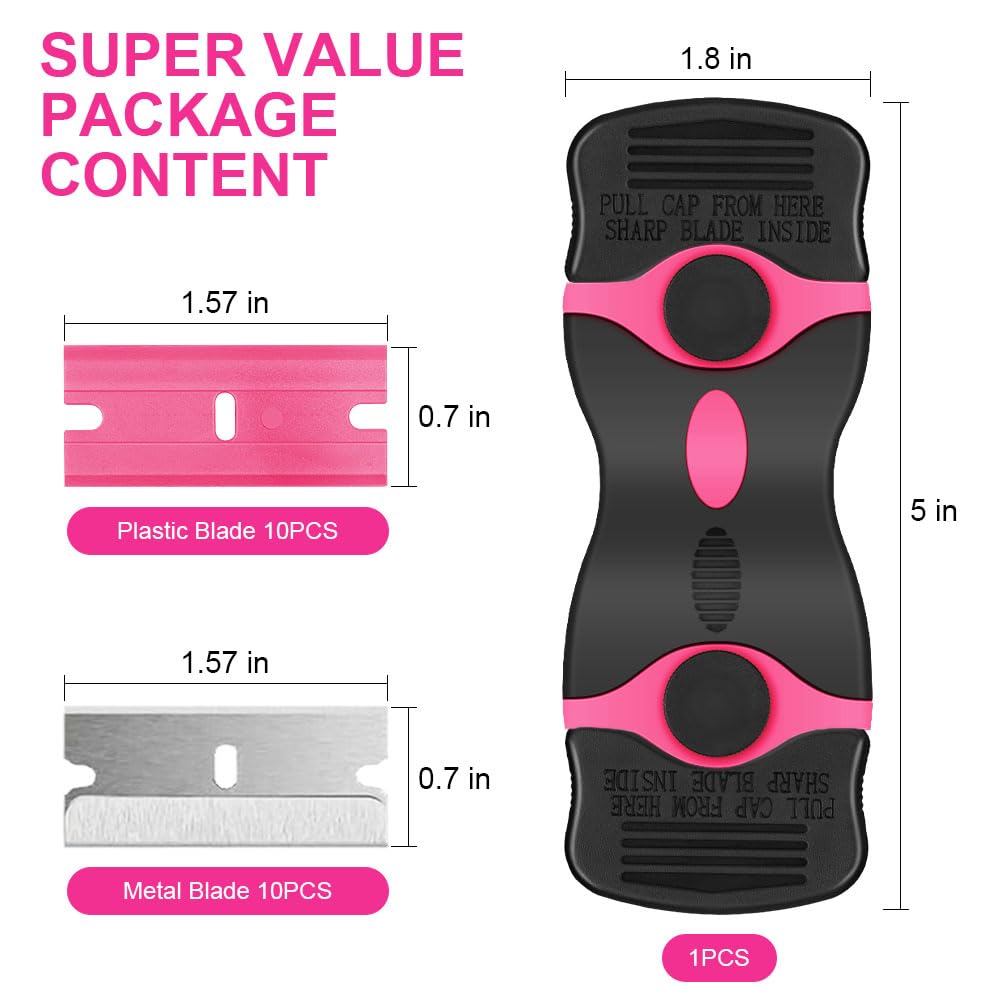 Ainiv Razor Blade Scraper, 2-in-1 Scraper Tool with 10PCS Metal Blades and 10PCS Plastic Blades, Multi-funtional Cleaning Razor Scraper for Decals, Stickers, Labels, Caulk, Adhesive Removal(Pink)