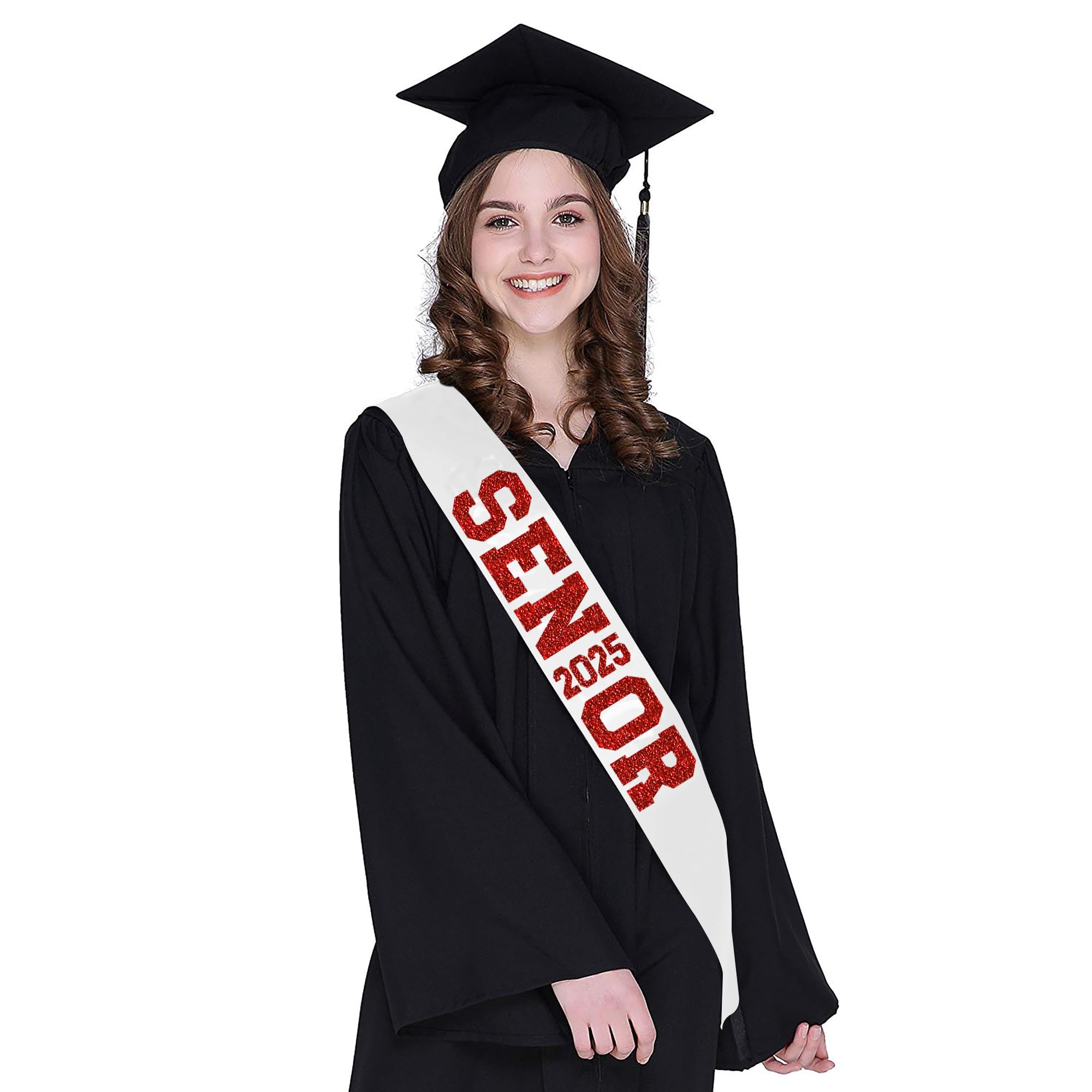 6Pcs White Senior 2025 Satin Sashes with Red Glitter Letters- 2025 Graduation Celebrations Sashes - Senior Cheer Sash - Cheerleader Sash - Class Competition Sashes