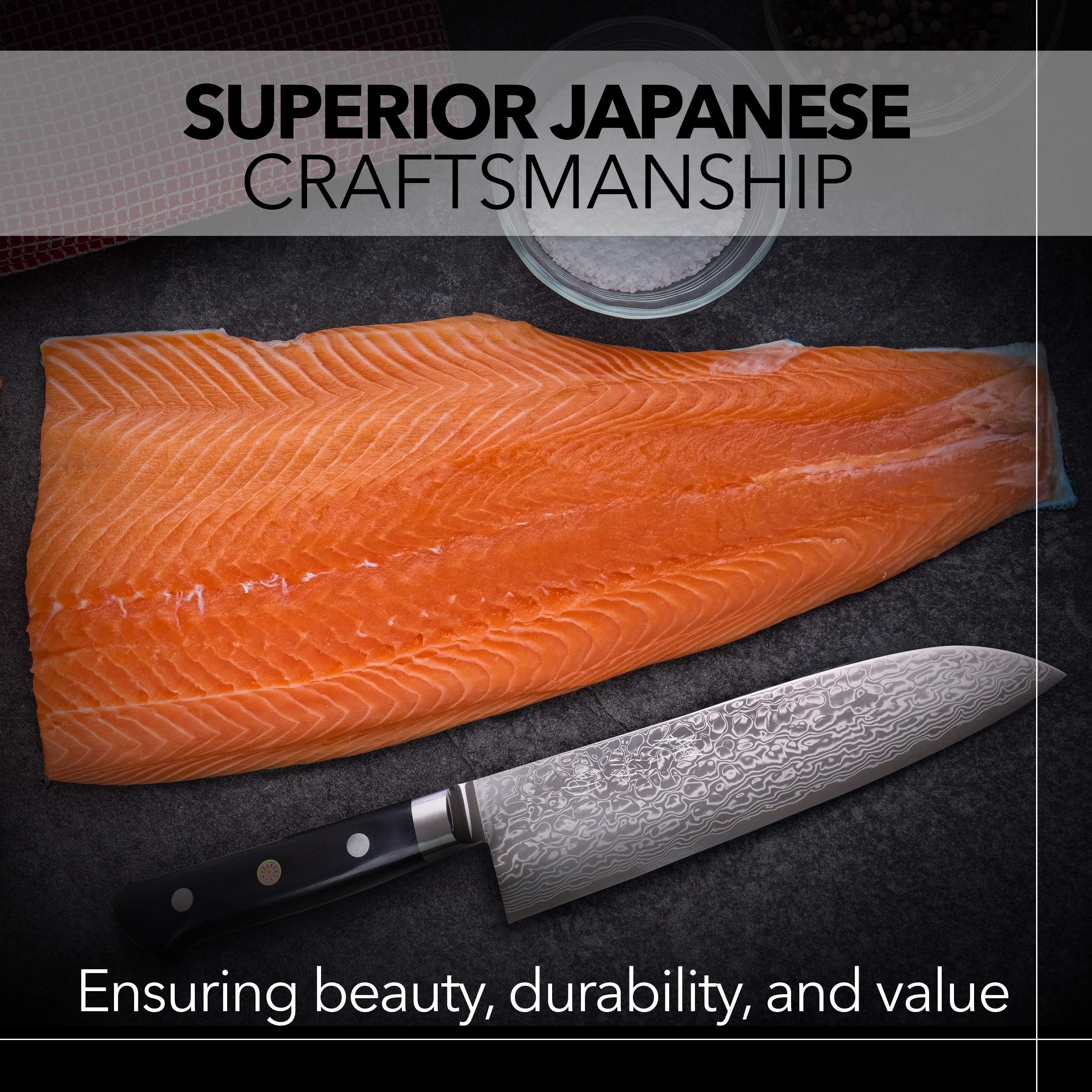 JCK ORIGINAL Kagayaki Japanese Chef’s Knife, KGRP-2 Professional Santoku Knife, Polished Patterned Damascus Stainless Steel with Ergonomic Black Pakka Wood Handle, 6.8 inch