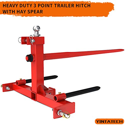 YINTATECH 49” Hay Spear 3000lbs Capacity and 2 Stabilizers Spear with 3 Point Trailer Hitch 2" Receiver with Trailer Ball Gooseneck Drawbar for Category 1 Tractor