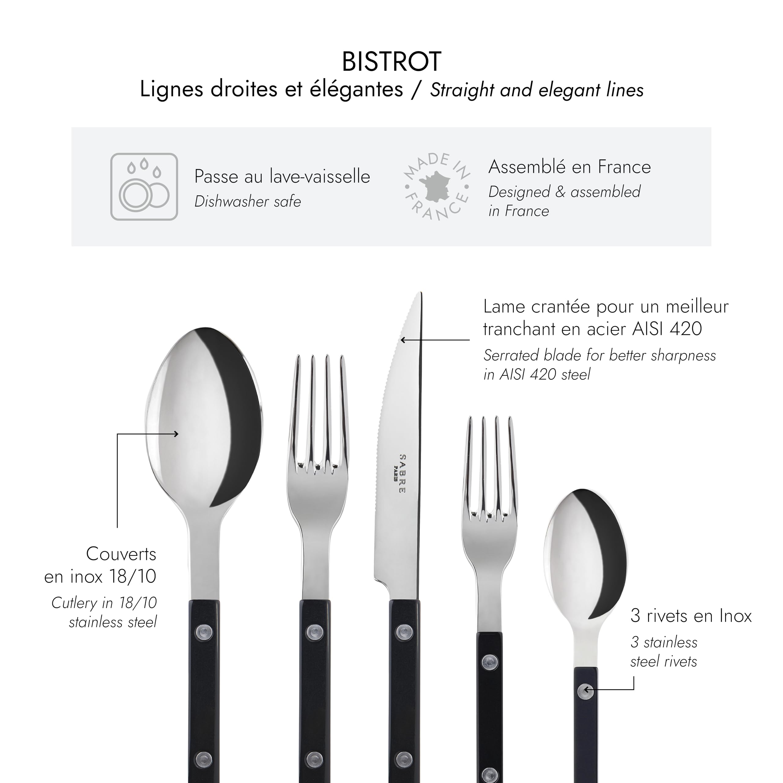 SABRE PARIS - 5-Piece Flatware Set - Bistrot Collection - Knife, Fork, Soup Spoon, Teaspoon & Dessert Fork - Stainless Steel & Nylon - Dishwasher Safe - Fern Green - Brilliant Finish