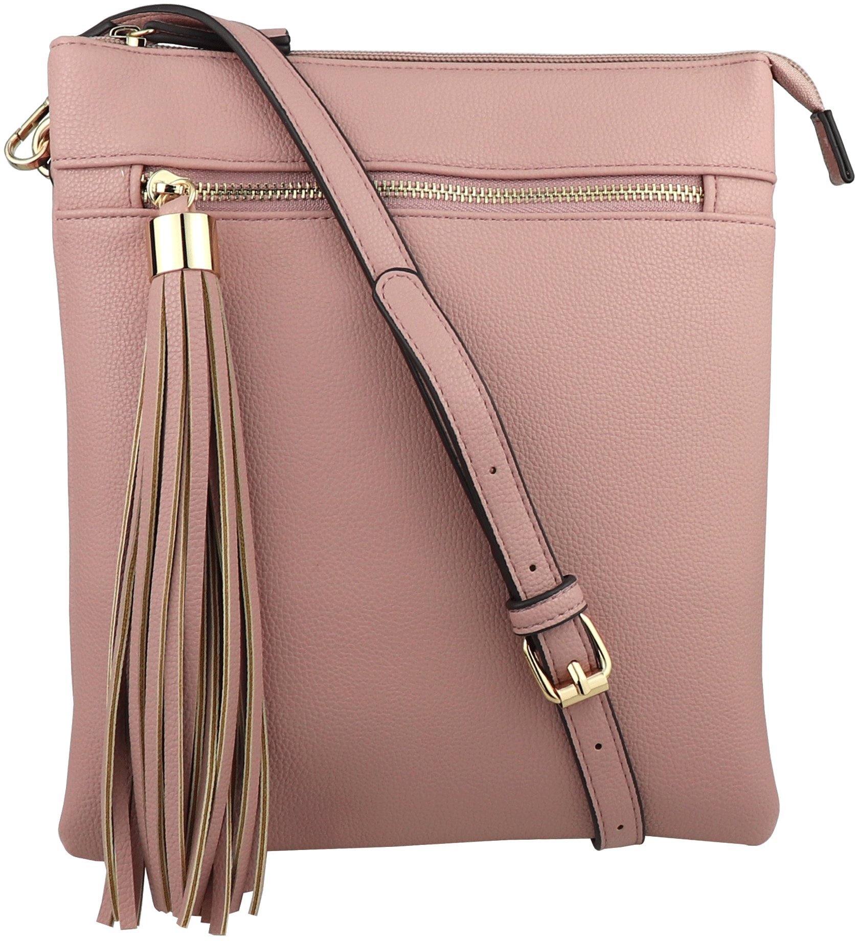 B BRENTANO Vegan Double-Zip Pocket Crossbody Handbag Purse wih Big Tassel Accent (Blush)