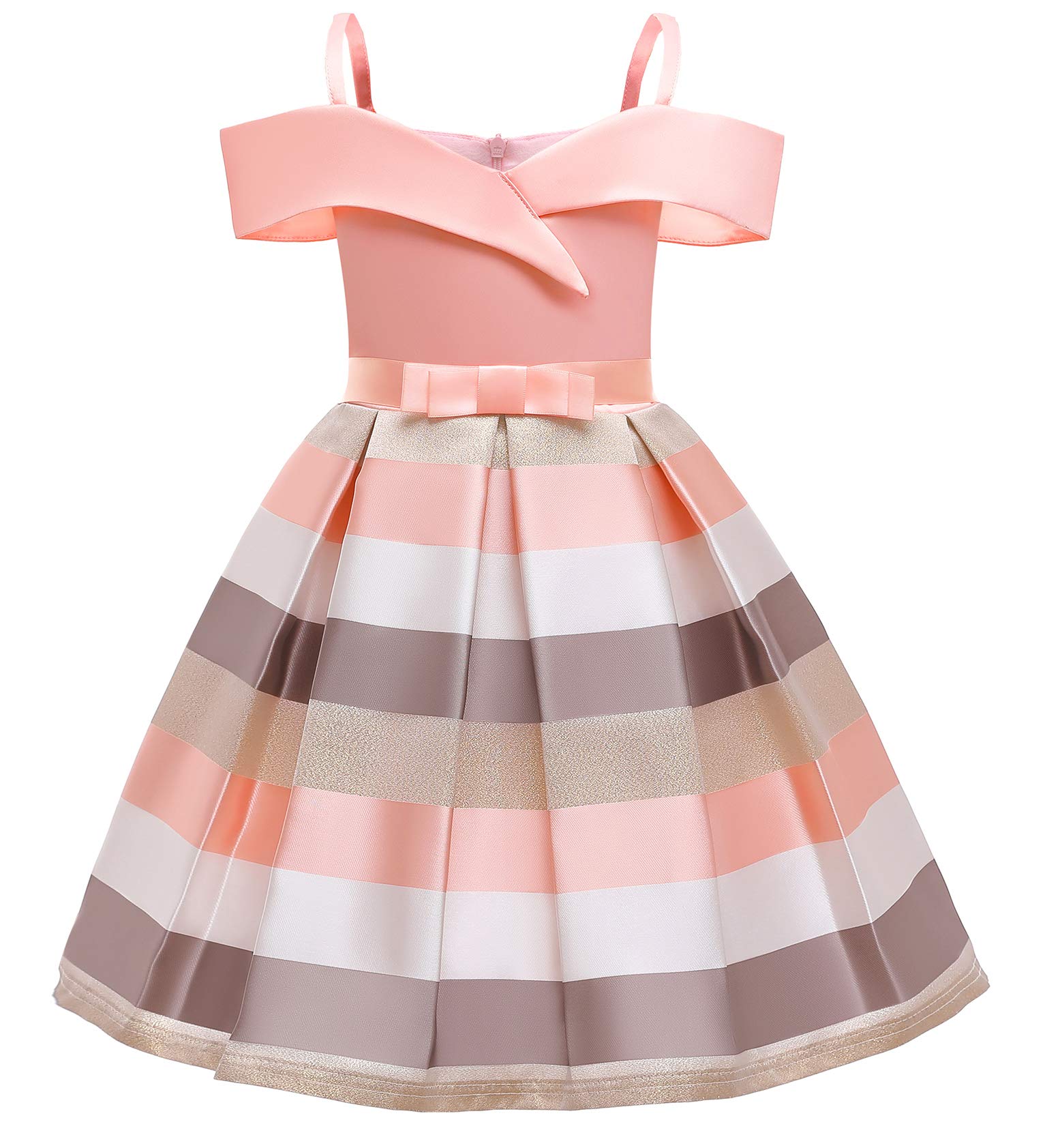 NSSMWTTC Girls Off Shoulder Dress Kids Christmas Sunday Halloween Baptism Christening Striped Dresses (Pink,140)