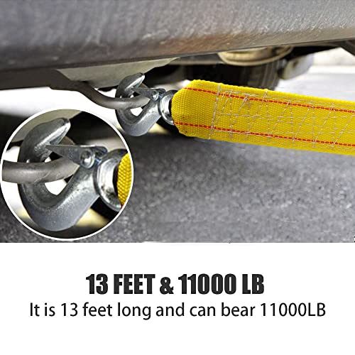 Heavy Duty Tow Strap with Safety Hooks | 1.8” x 13’ | 11000 LB Capacity , Tow Rope Yellow Shackle for Vehicle Recovery, Hauling, Stump Removal & Much More,Best Towing Accessory for Car
