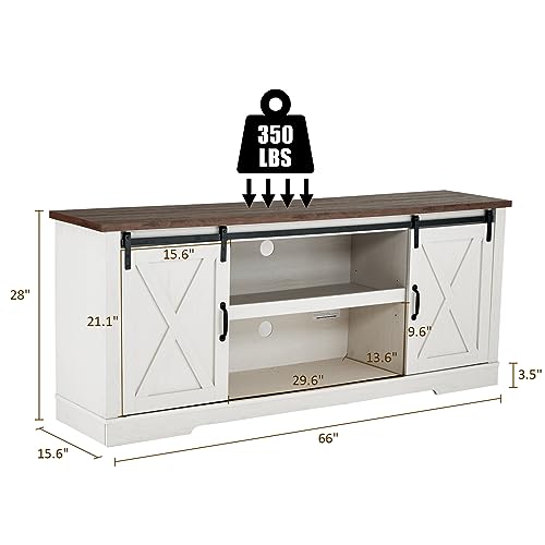 AMERLIFE 66" Farmhouse TV Stand for 75 Inches TVs, Entertainment Center with Sliding Barn Door and Adjustable Shelf & Feet, Console Table with Storage, Distressed White & Rustic