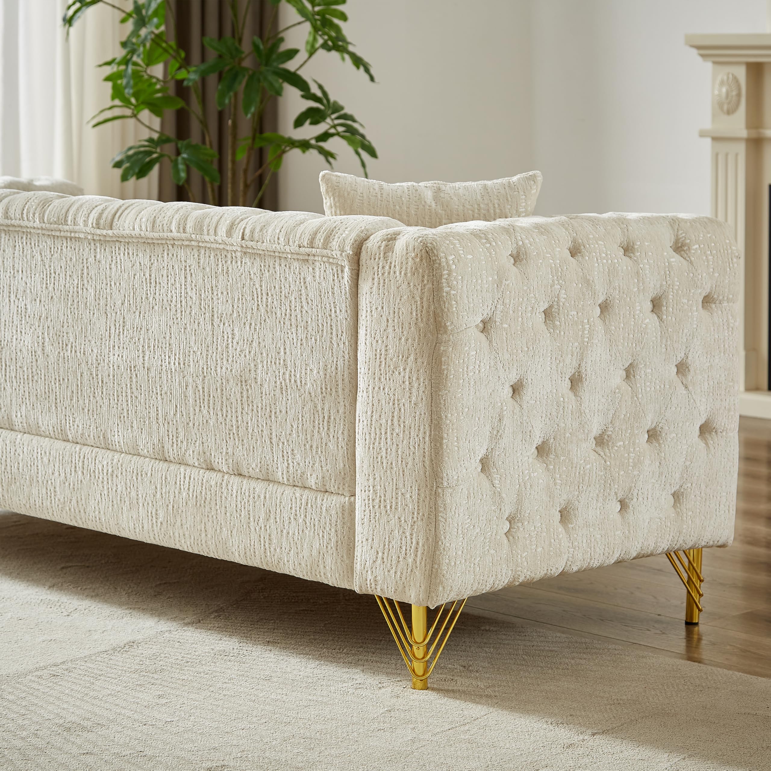 82 Inch Modern Living Room Chenille Sofa,Extra Deep Seats Sofa With Copper Nail Decoration Armrest,Chenille Pull Buckle Design Sofa,Comfy Loveseat Sofa with Metal Legs, Easy to Install(Beige)