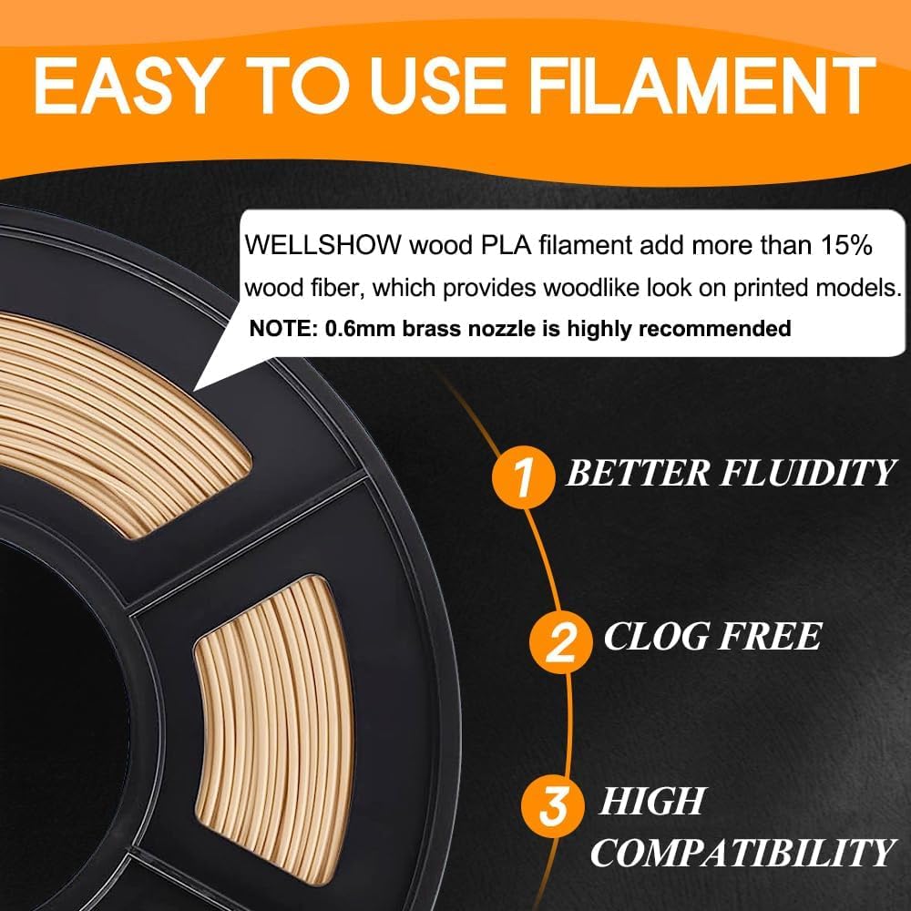 Wellshow/SunTop Wood PLA 3D Printer Filament 1.75mm, After-Sales Service, PLA Woodlike Filament, 15% Wood Powder Added, 1kg(2.2lbs) Spool