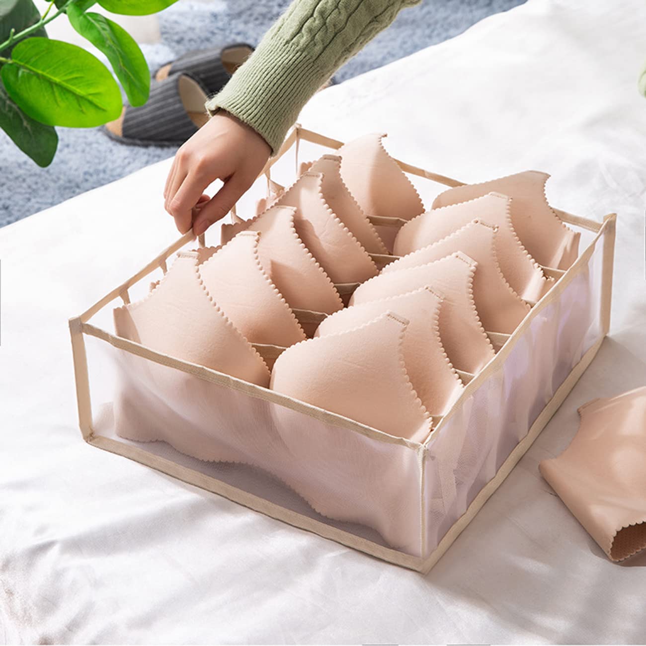 AmasSmile Wardrobe Clothes Organizer, 7 grids Washable Clear Mesh Closet Organizers and Storage Bins Drawer Dividers for Underwear,Bra, Underpants, Socks(3PCS BEIGE)