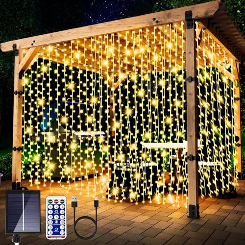 600 LED Solar Curtain Lights Outdoor Remote Control Gazebo Light 8 Modes Waterproof Waterfall Fairy Light String Window Wall Hanging Solar Patio Light Outside Wedding Party Christmas Decor, Warm