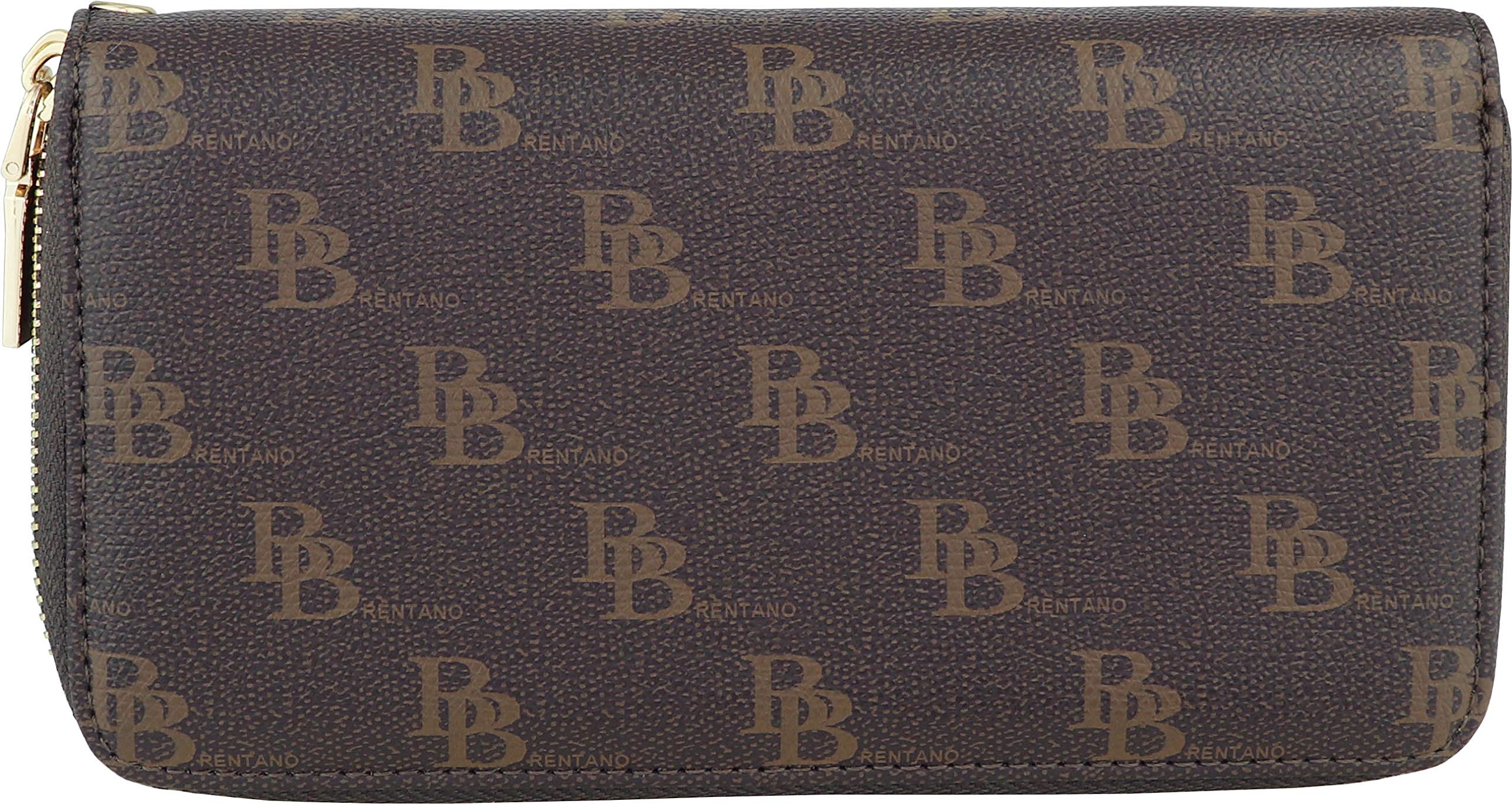 B BRENTANO Vegan Double-Zipper Wallet Clutch with Removable Wrist Strap (MB - Brown)