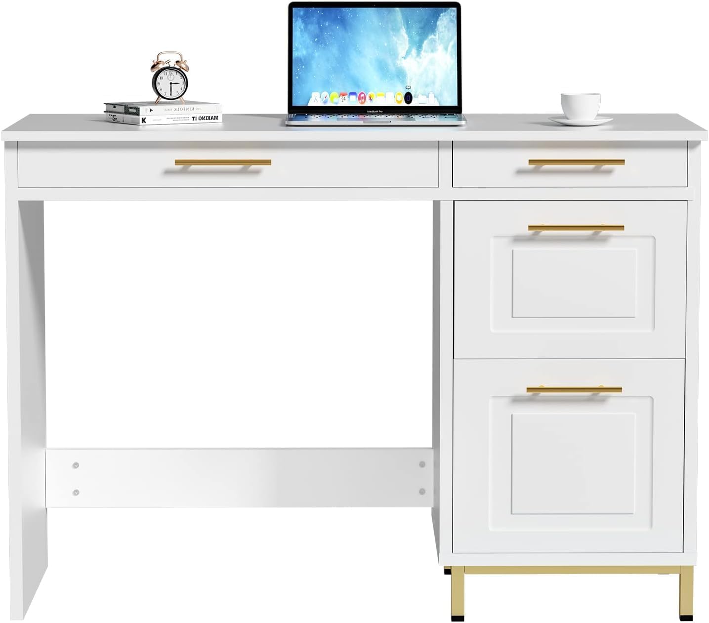 4 EVER WINNER White Desk with Drawers, 43β Home Office Small Desk with Drawers, Gold Hardware for Small Space, White and Gold Desk Writing Study Table for Bedroom