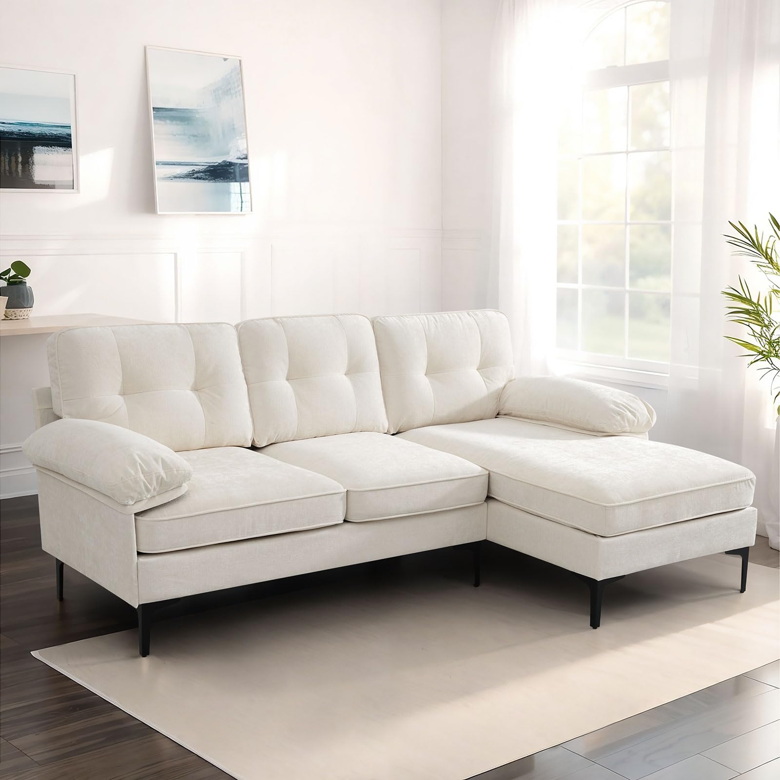 82" White Sectional Couch w/Chaise, Chenille Cream Convertible L Shaped Sofa Couch, Mid-Modern Century 3 seat Pet-Friendly Couch for Living Room, Apartment, Office with Removable & Washable Cushions