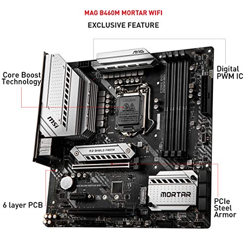 MSI MAG B460M Mortar WiFi Gaming Motherboard (mATX, 10th Gen Intel Core, LGA 1200 Socket, DDR4, CFX, Dual M.2 Slots, USB 3.2 Gen 1, 2.5G LAN, DP/HDMI, Wi-Fi 6 Pre-Certified)