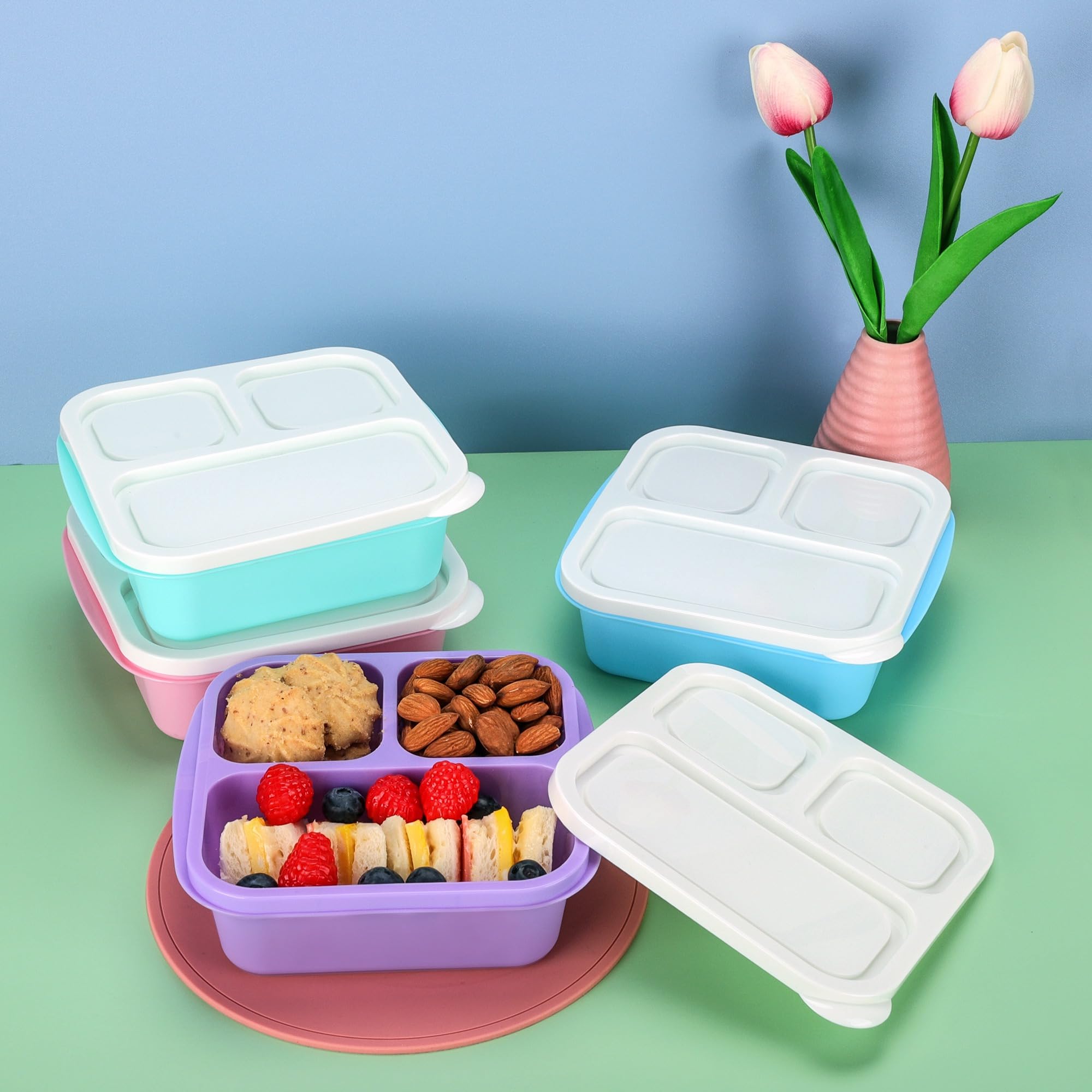 4 Pack Bento Box For Kids, 3 Compartments Bento Snack Box Meal Prep Containers For Adults, Lunchable Container for Kids, Reusable Food Storage Containers Snack Containers for School, Work, Travel