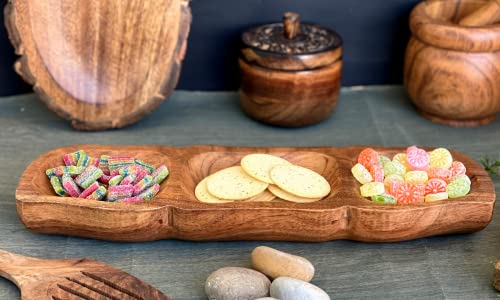 3 Compartment Acacia Wood Tray for Nuts, Candy, Snacks, Appetizers, Chips, Condiments, Crackers, Divided Serving Platter for Parties, Decorative Sectional Relish Tray for Christmas Holidays- 15''