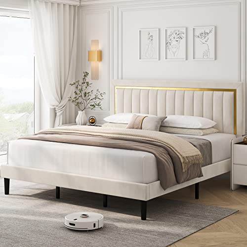HITHOS King Size Bed Frame with Adjustable Tufted Headboard, Velvet Upholstered Platform Bed Frame with Gold Trim, Heavy Duty Mattress Foundation with Steel Frame, Easy-Assembly Slats (Beige, King)