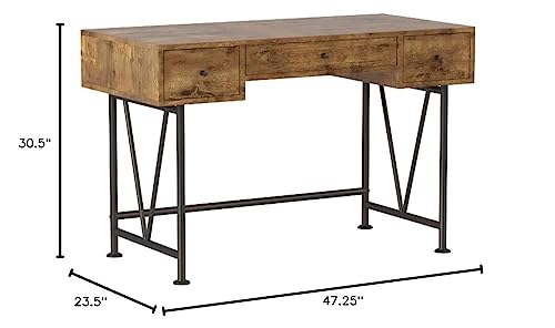 Coaster Furniture Analiese Farmhouse 3 Drawer Home Office Writing Desk Black Metal Base Antique Nutmeg Brown 801541