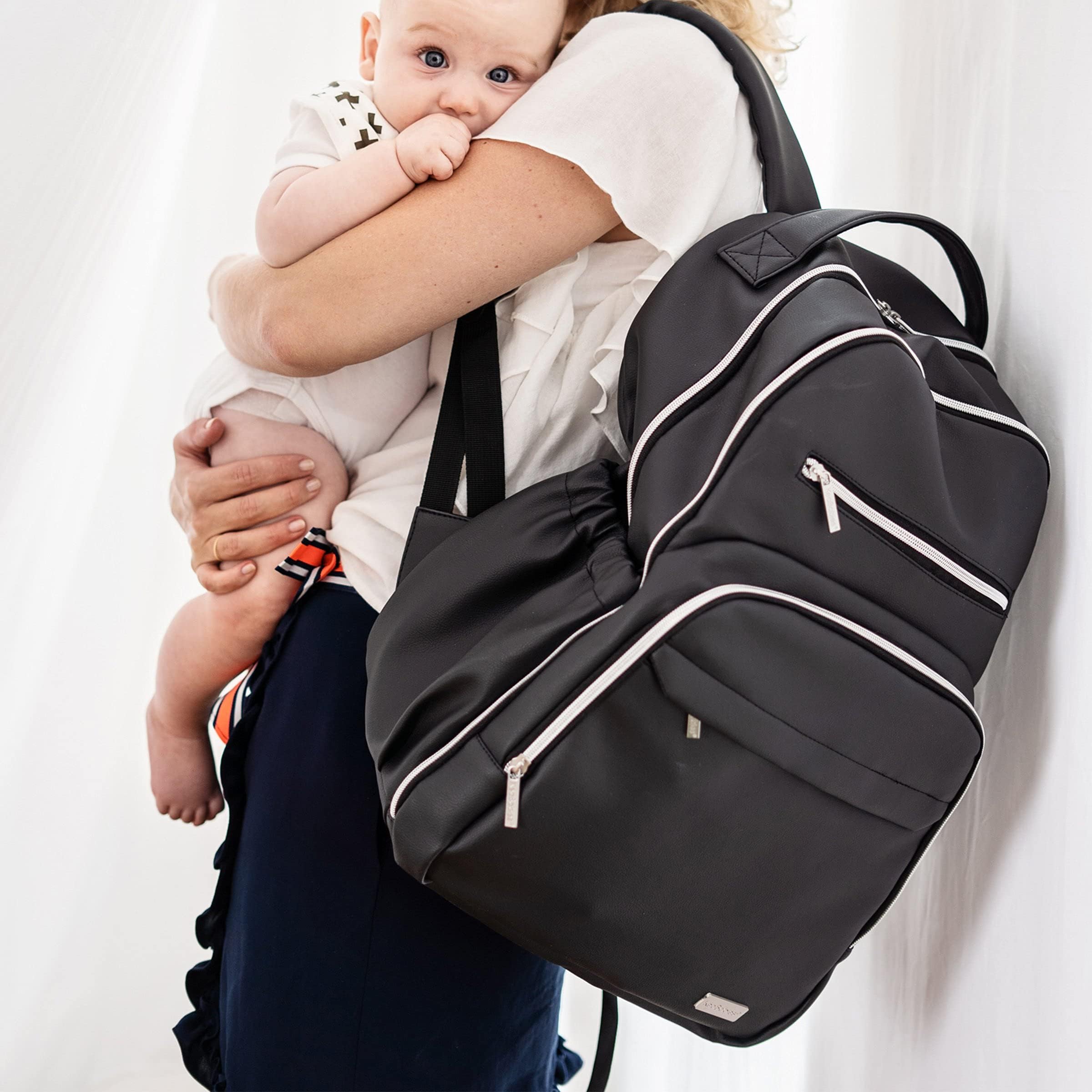 KeaBabies Large Waterproof Diaper Backpack - Vegan Leather, Stylish, Multifunctional Baby Diaper Bags, Travel Back Pack, Maternity Baby Changing Bags, Unisex Nappy Changing Bag, Black Diaper Backpack