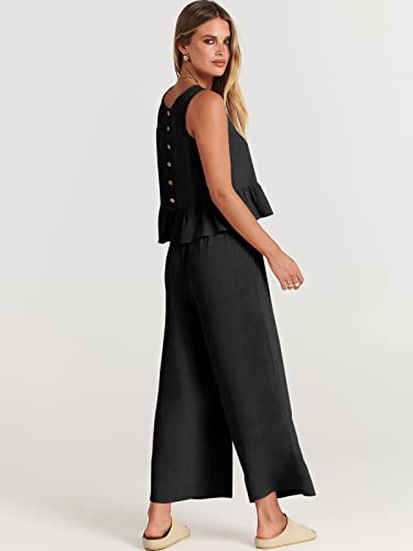 ANRABESS Two Piece Outfits for Women Summer Vacation Sleeveless Linen Crop Tank Top Casual Matching Lounge Sets Comfy Tracksuits Long Pants Jumpsuits 2023 Cute Going Out Clothes 817heise-M