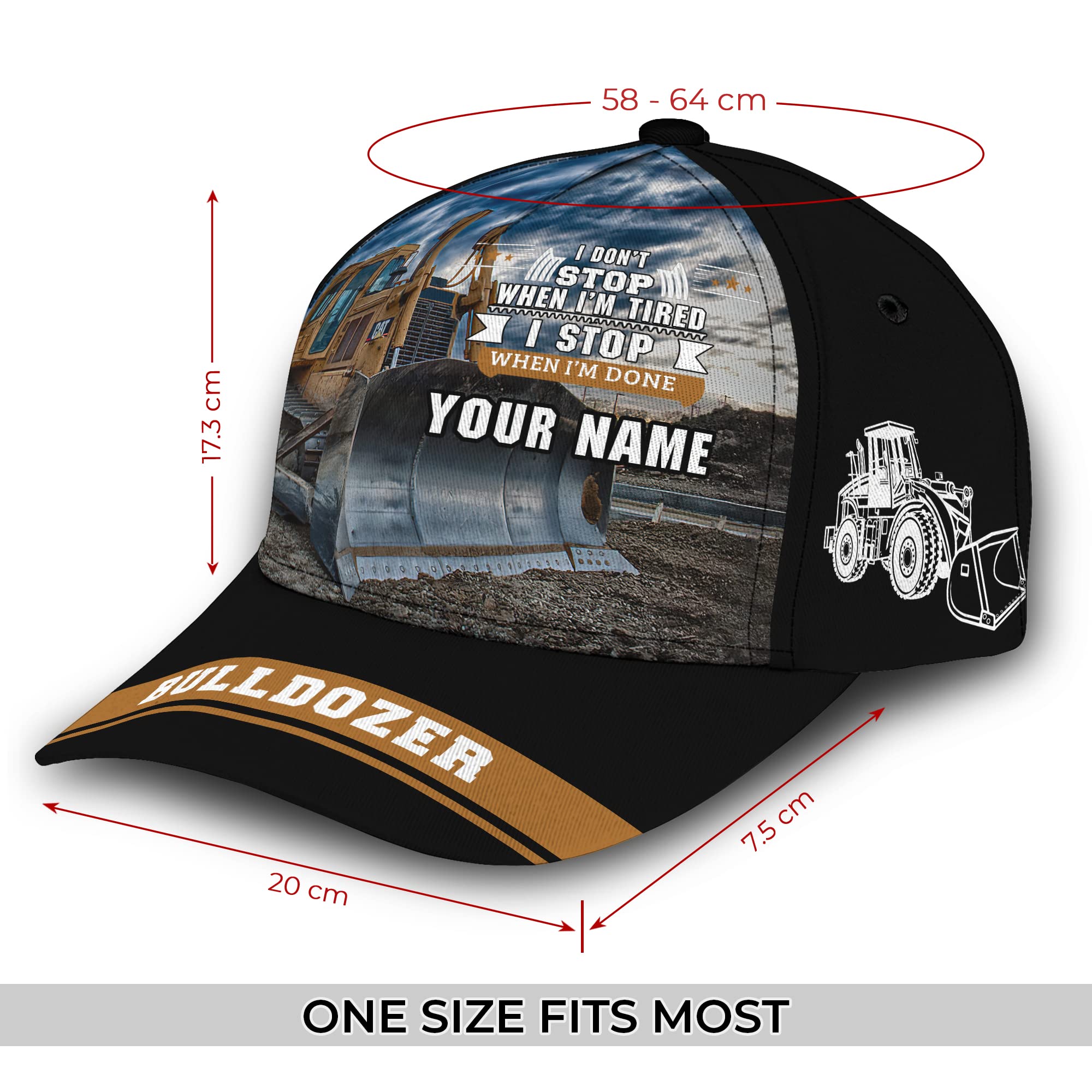 3D Printing Personalized Caterpillar Bulldozer Snapback Cap Dozer Headwear for Men Multicolor
