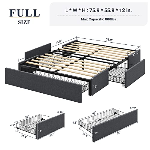 Allewie Full Size Platform Bed Frame with 3 Storage Drawers, Fabric Upholstered, Wooden Slats Support, No Box Spring Needed, Noise Free, Easy Assembly, Dark Grey