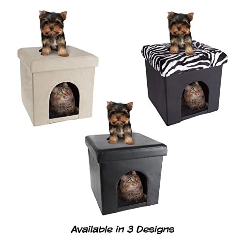 Cat House β Collapsible Multipurpose Small Dog or Cat Ottoman with Footrest, Cushioned Top, and Interior Pillow by PETMAKER (Black)